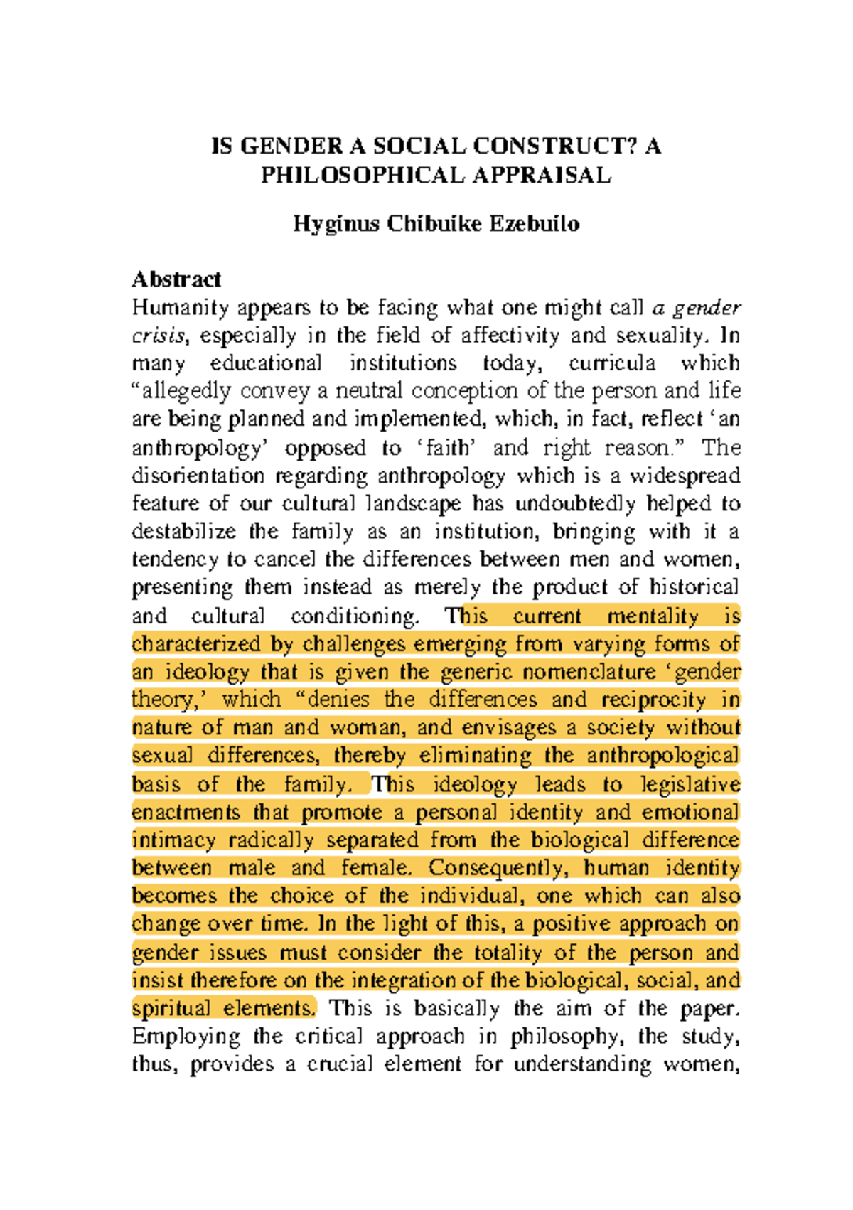 IS GENDER A SOCIAL CONSTRUCT? A PHILOSOPHICAL ANALYSIS (PREORC) - Studocu