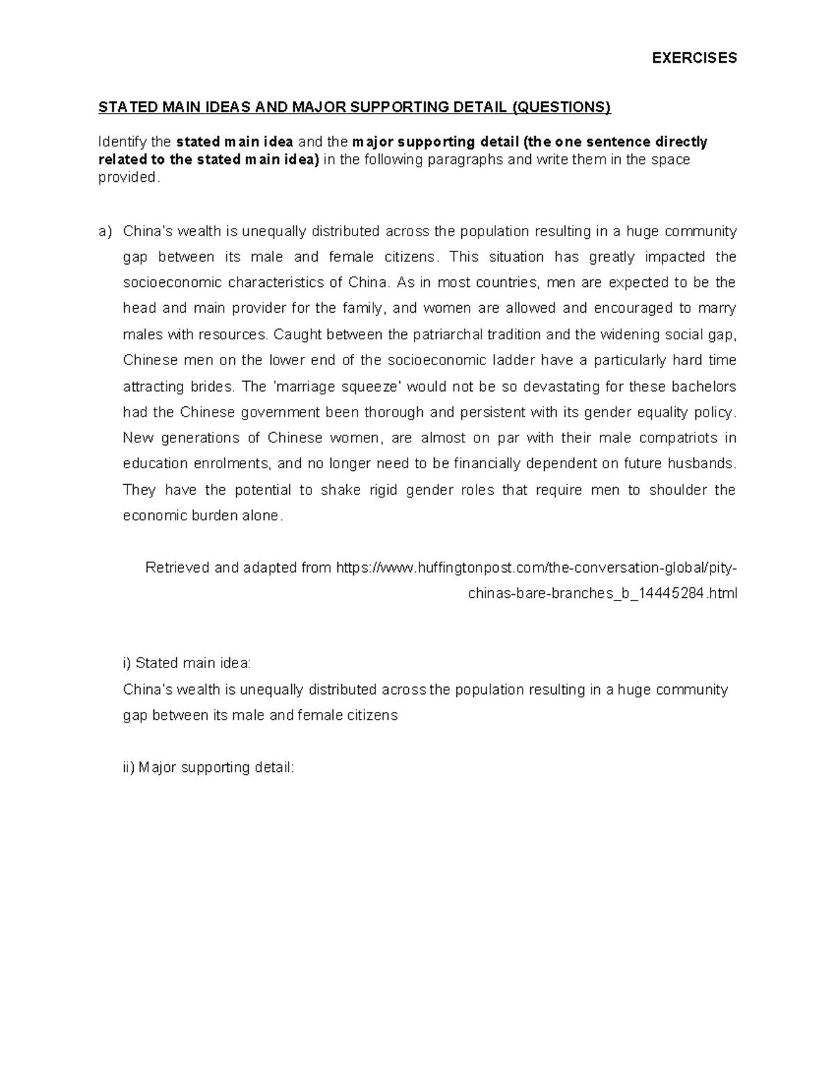 Exercises - Identifying Main Ideas & Supporting Details - Studocu