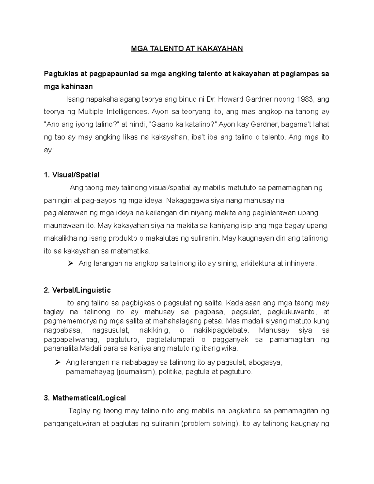 MGA Talento AT Kakayahan - MGA TALENTO AT KAKAYAHAN Pagtuklas at ...