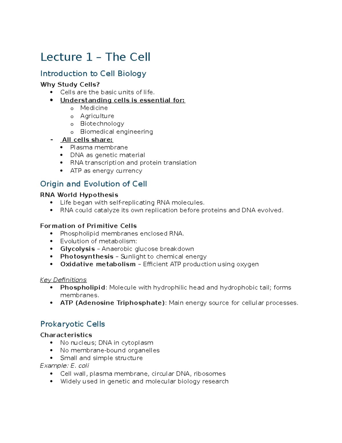 Cell Biology Notes: Lecture 1 - Introduction to Cells and Their ...