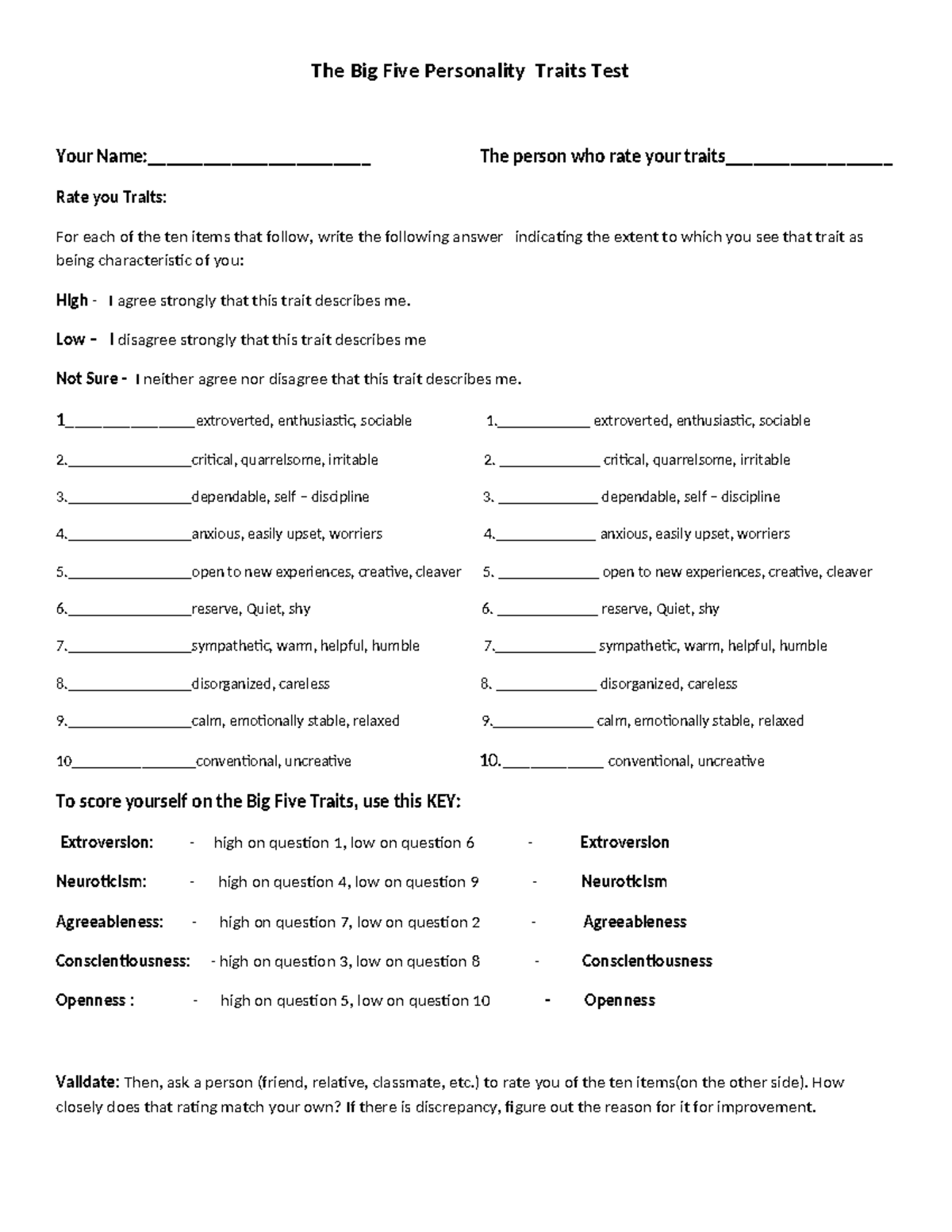 The Big Five Personality Traits Test: Self & Peer Assessment - Studocu