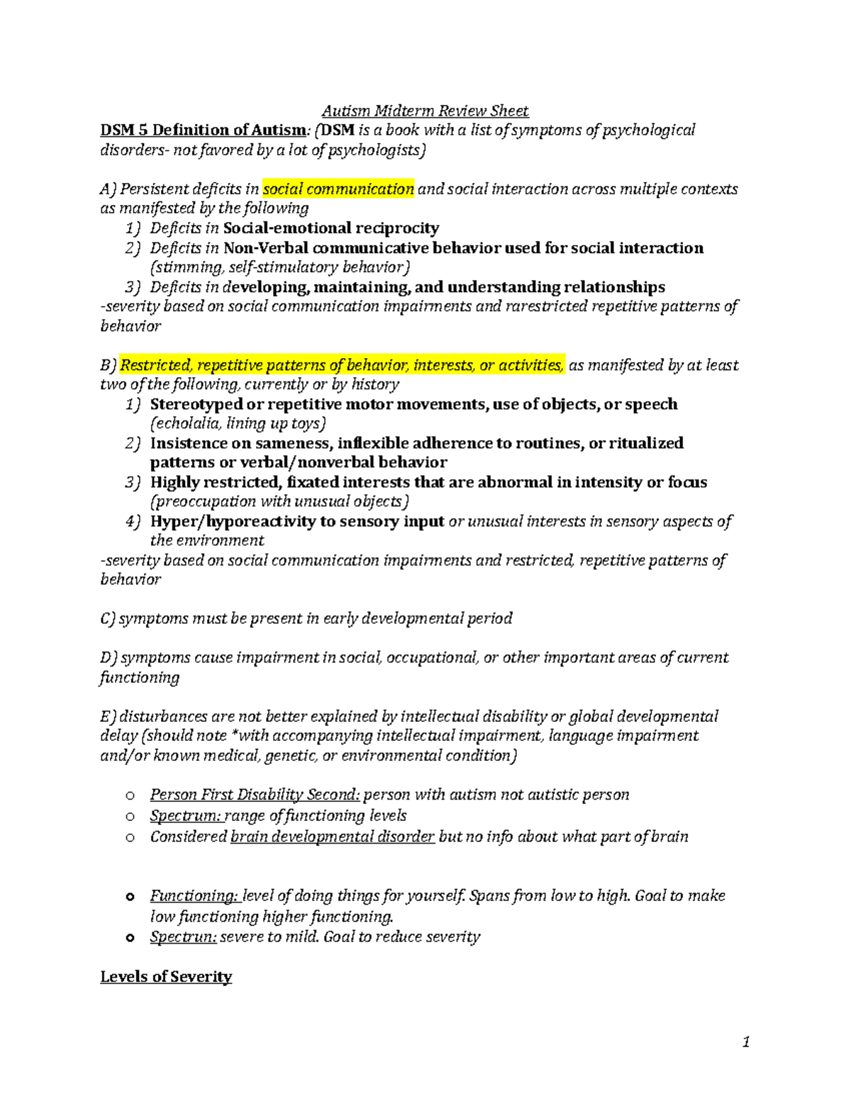 Autism PSY 101 Midterm Review Sheet: Key Concepts & Diagnostic Tools ...