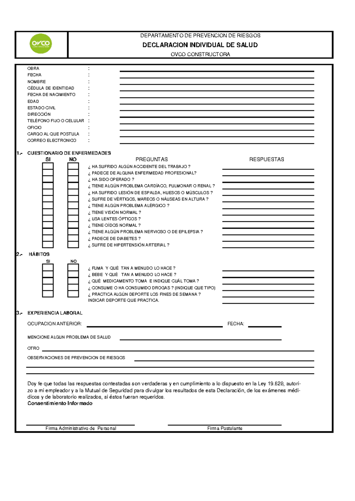 Declaración Individual de Salud - OVCO Constructora - Riesgos Laborales ...