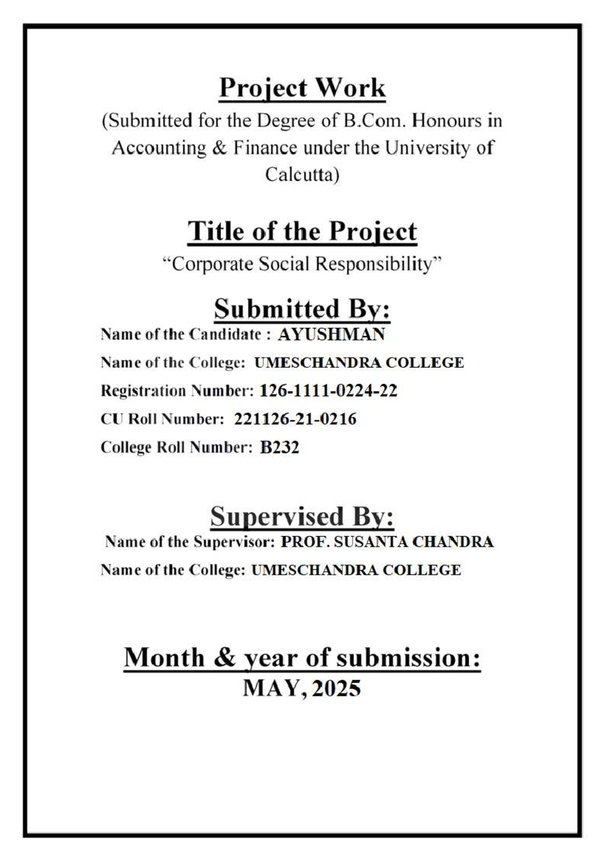 B.Com. Honours Project Report: Social Analysis - AYUSHMAN - Studocu