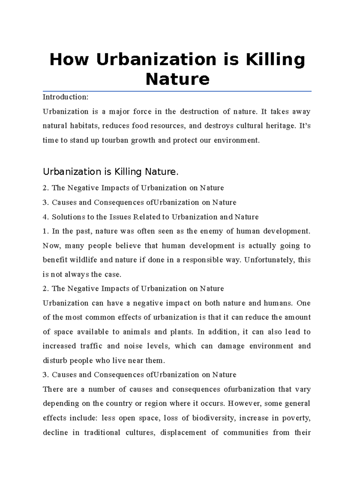 Urban Studies: Impacts of Urbanization on Nature and Environment - Studocu