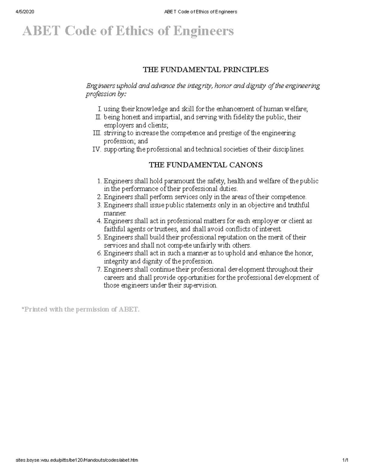ABET Code of Ethics for Engineers: Principles & Canons - Studocu