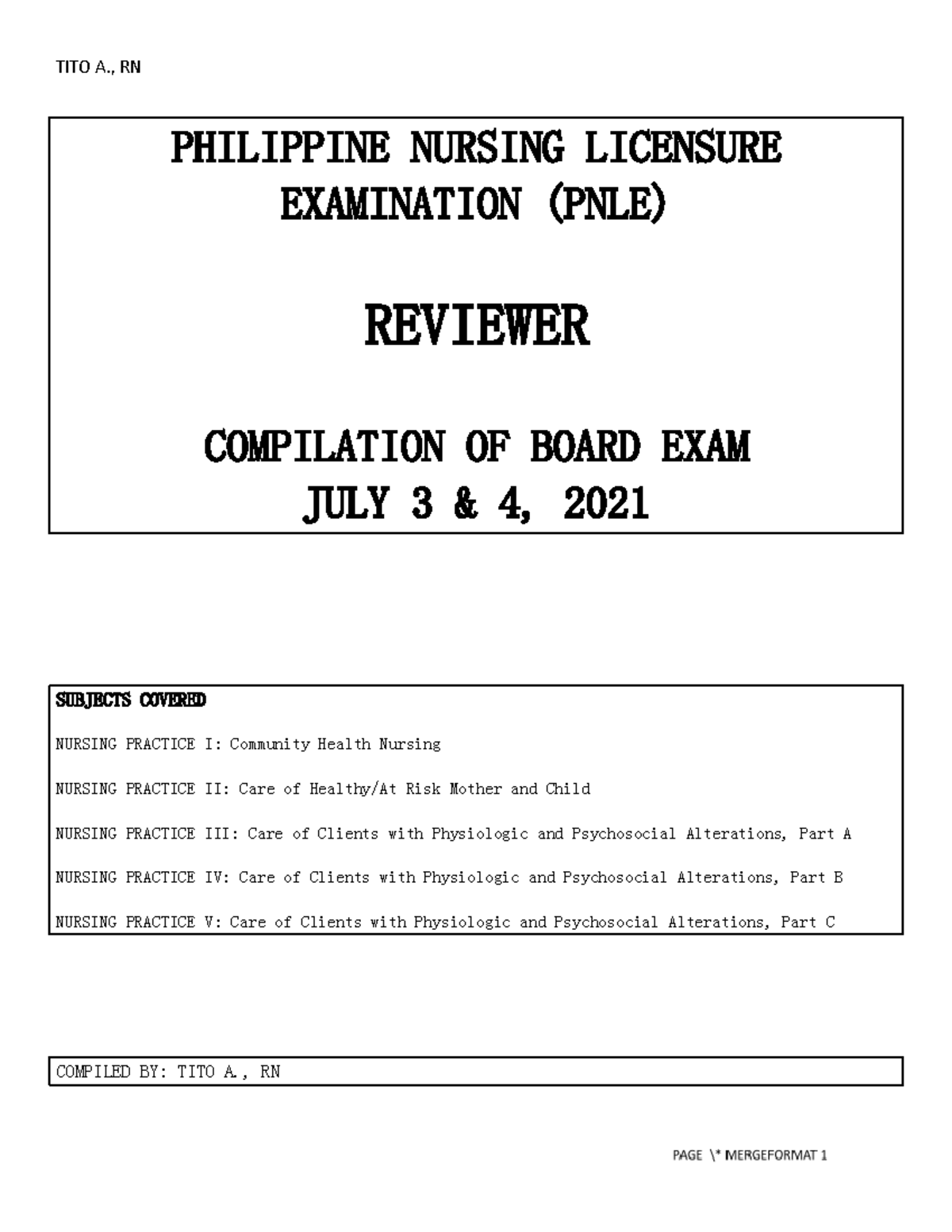 PNLE 2021 JULY: Comprehensive Reviewer with Answers for Nursing ...