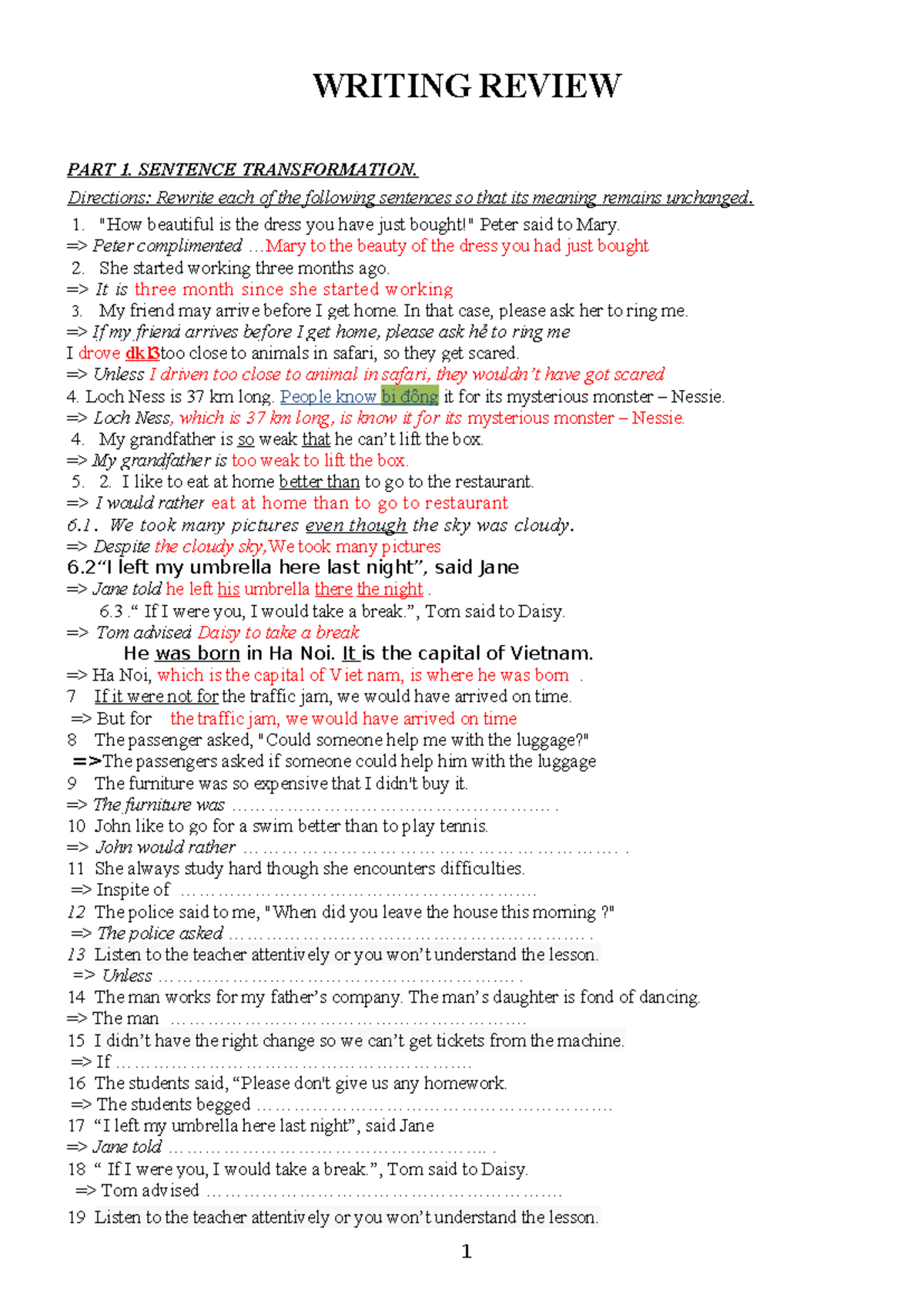 Writing Review - Course 2: Sentence Transformation & Building - Studocu
