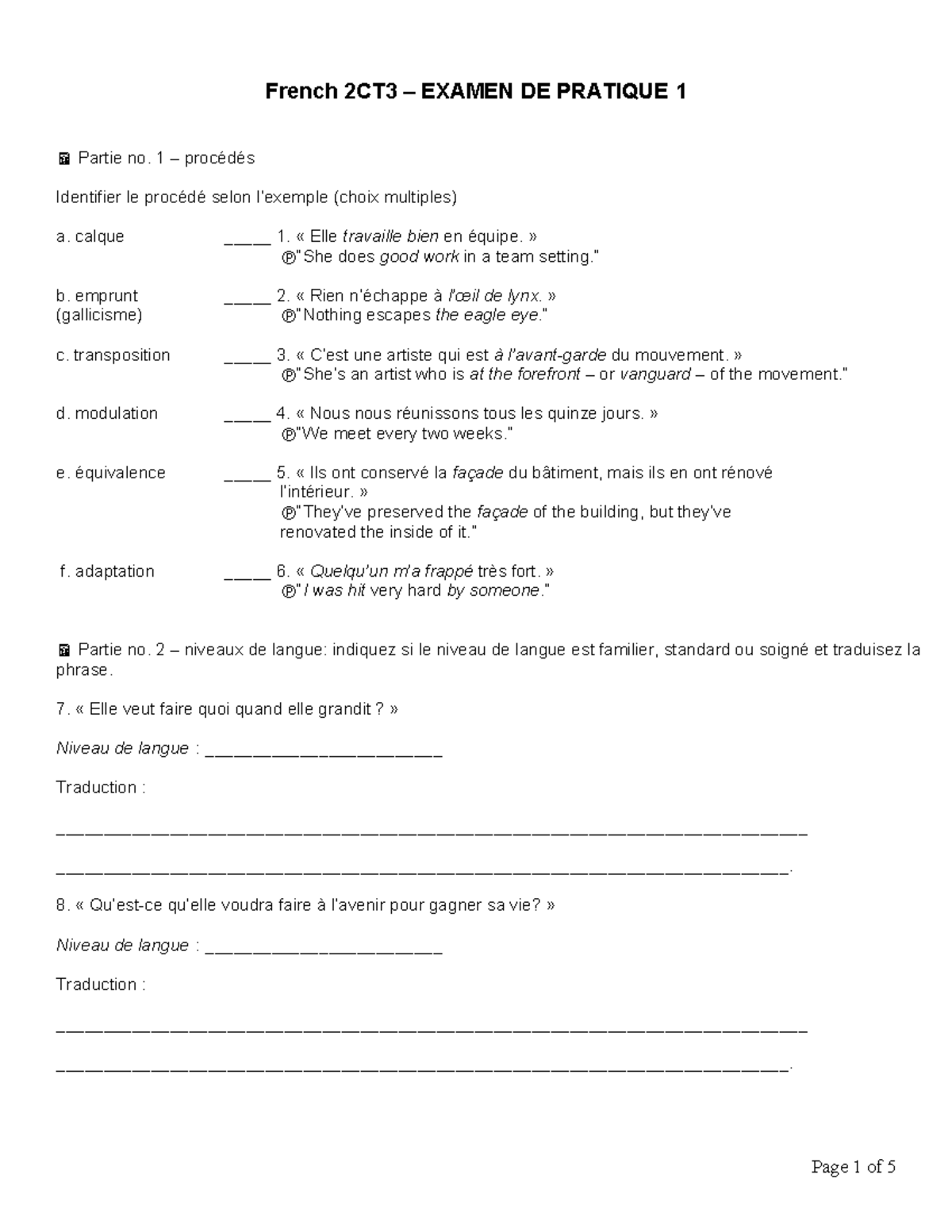 French 2CT3 Examen de Pratique 1: Procédés et Niveaux de Langue - Studocu