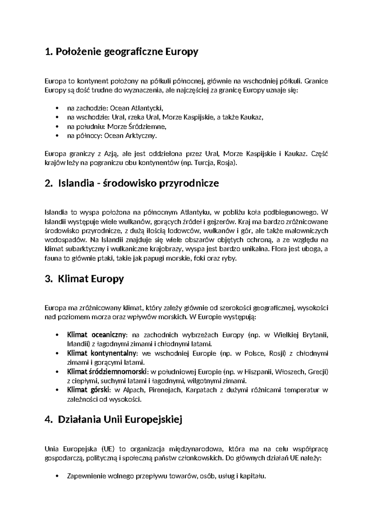 Geografia Europy - Położenie, Klimat oraz Działania UE - Studocu