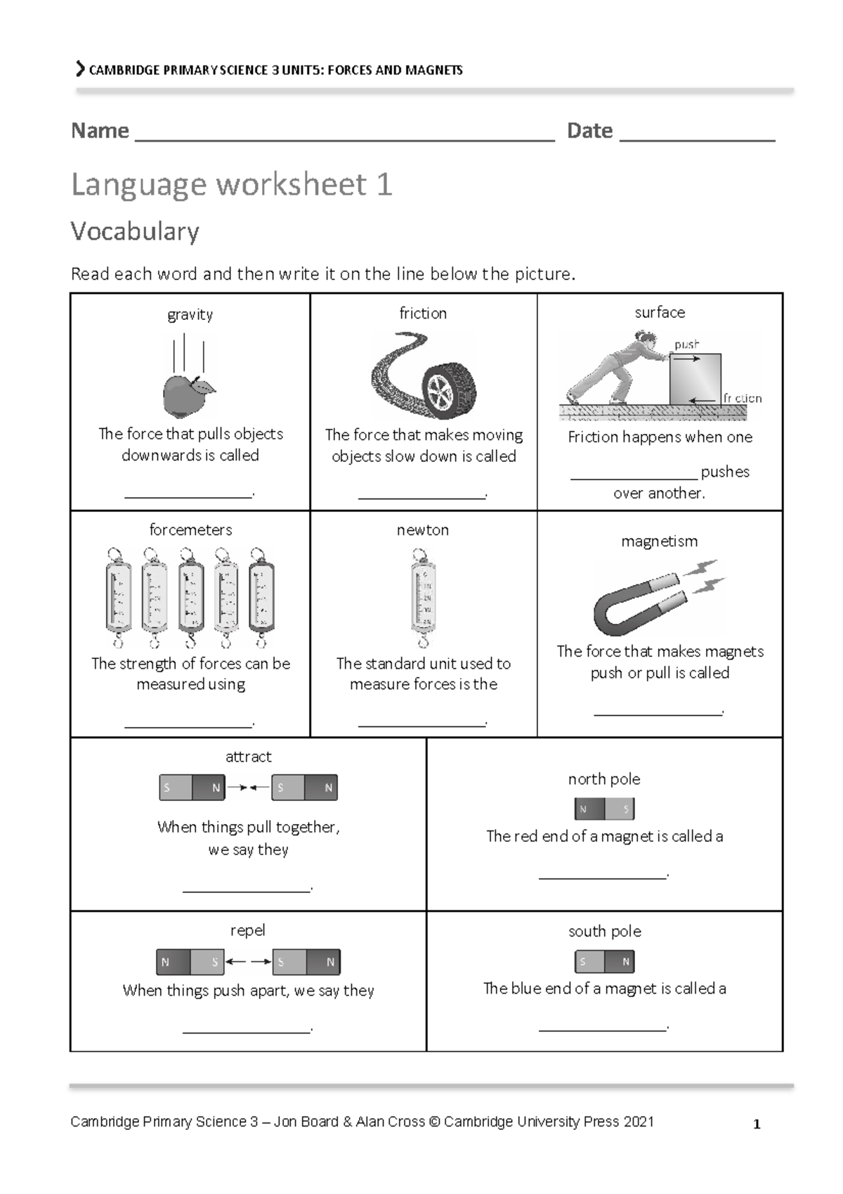 CAMBRIDGE PRIMARY SCIENCE 3 UNIT 5: FORCES & MAGNETS WORKSHEET - Studocu