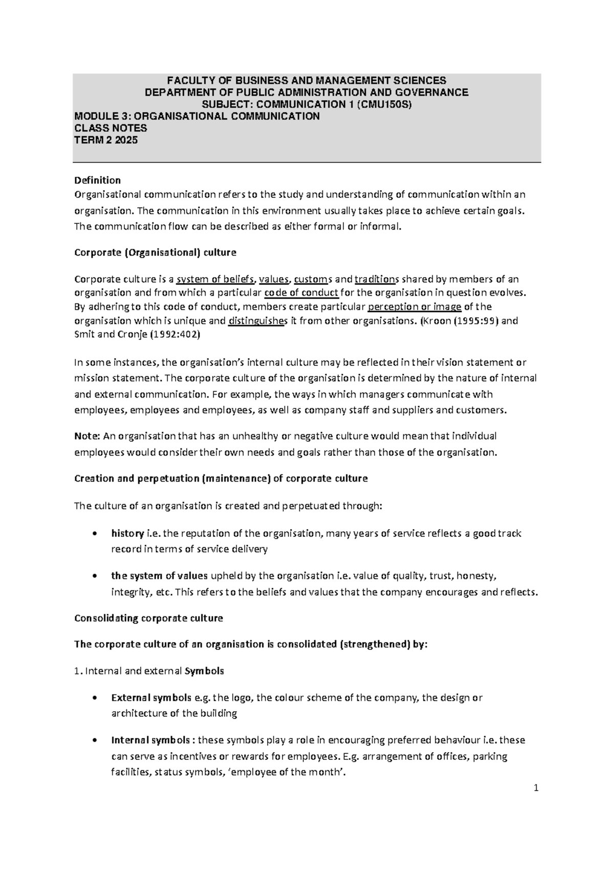 CMU150S Module 3: Comprehensive Notes on Organisational Communication ...