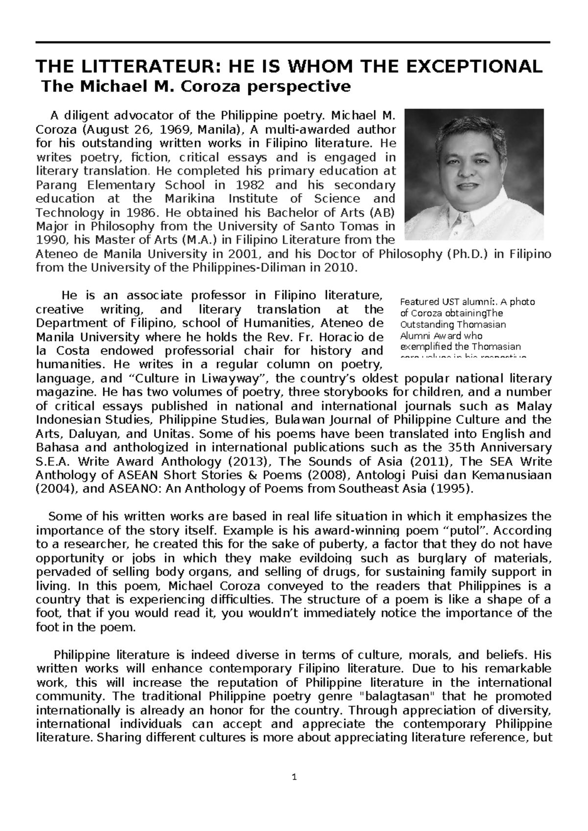 Understanding Michael M. Coroza: A Study of Filipino Literature - Studocu