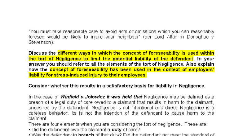 Torts Coursework: Foreseeability in Negligence and Liability Analysis ...