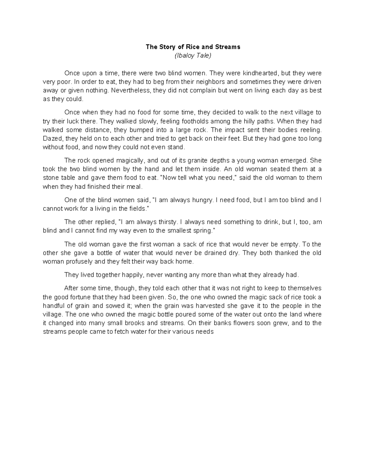 Ibaloy Tale: The Story of Rice and Streams - Studocu