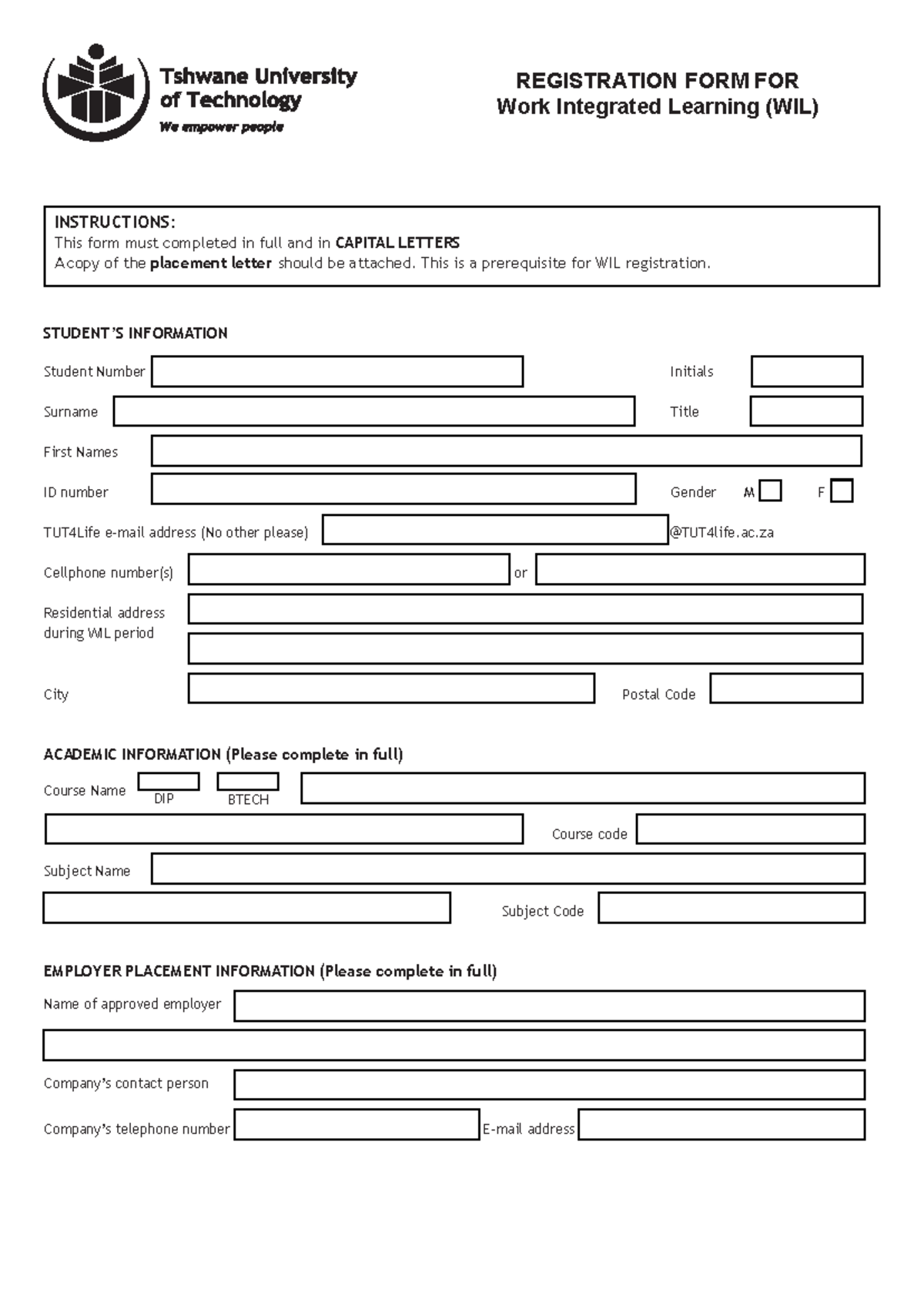 WIL Electronic form - Application forms - STUDENT’S INFORMATION Student Number Initials Surname ...
