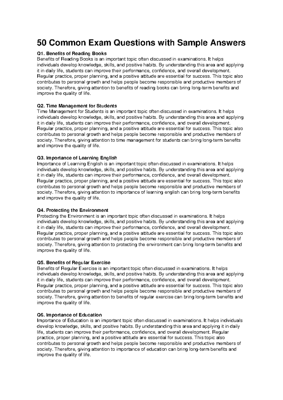 50 English Exam Topics with Sample Answers for Success - Studocu
