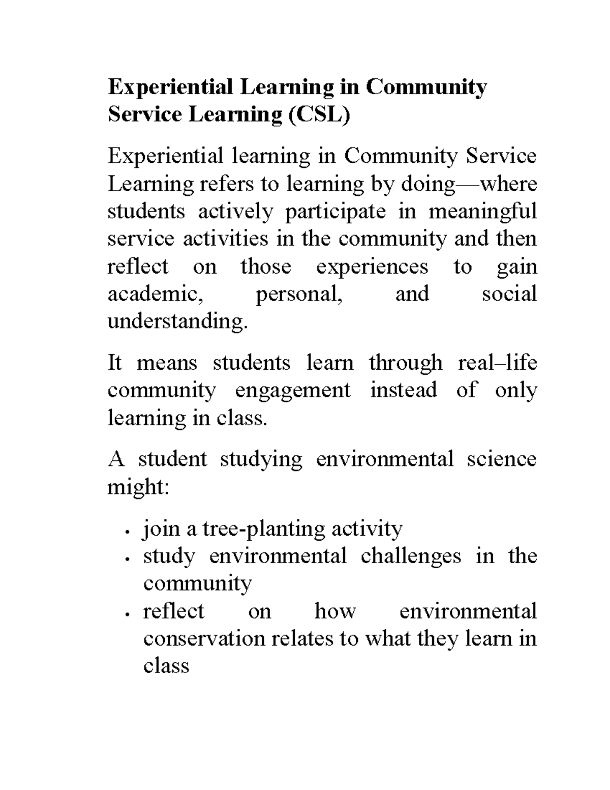 Experiential Learning in Community Service Learning (CSL): A ...