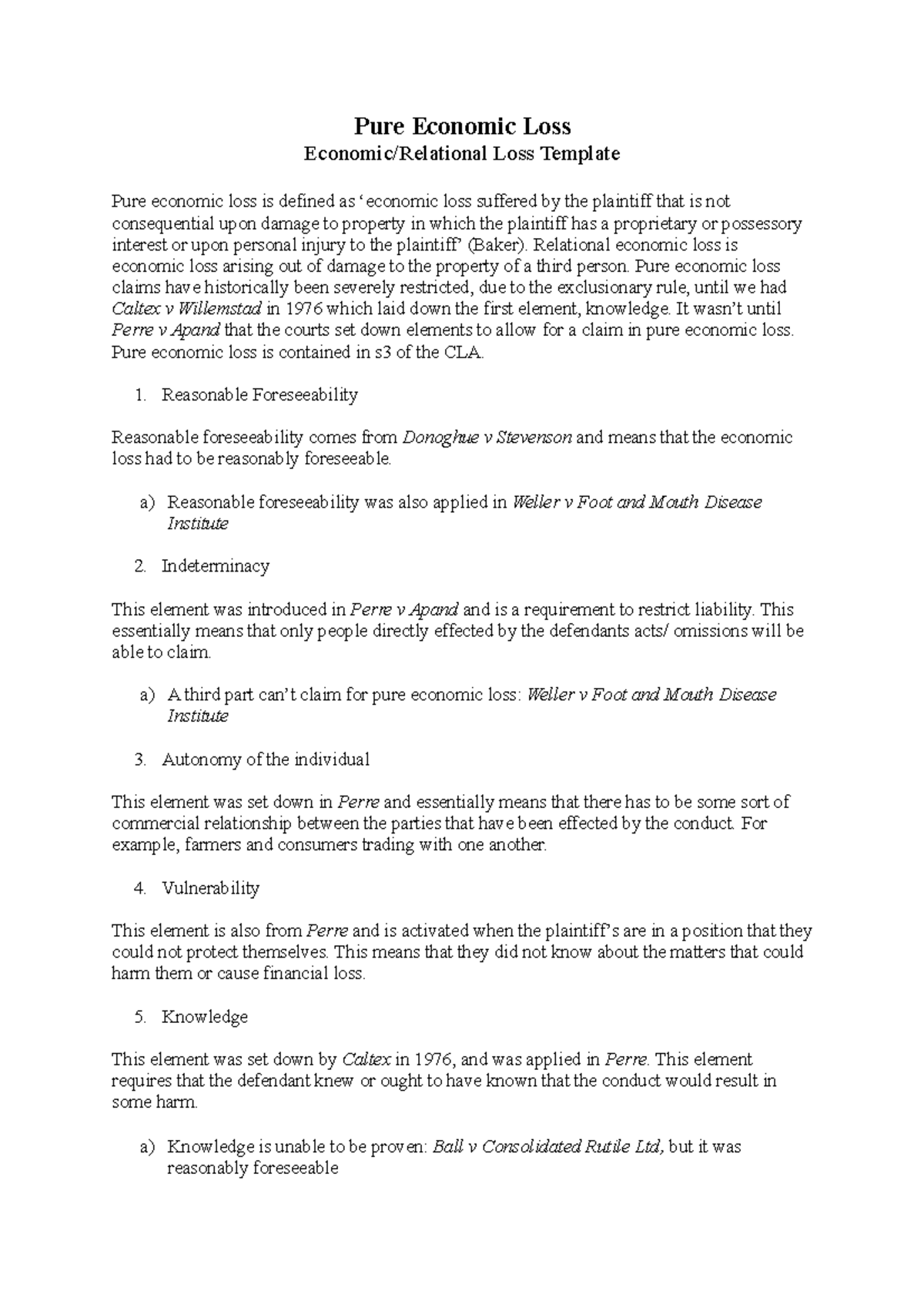 Pure Economic Loss & Relational Loss: Key Legal Principles - Studocu