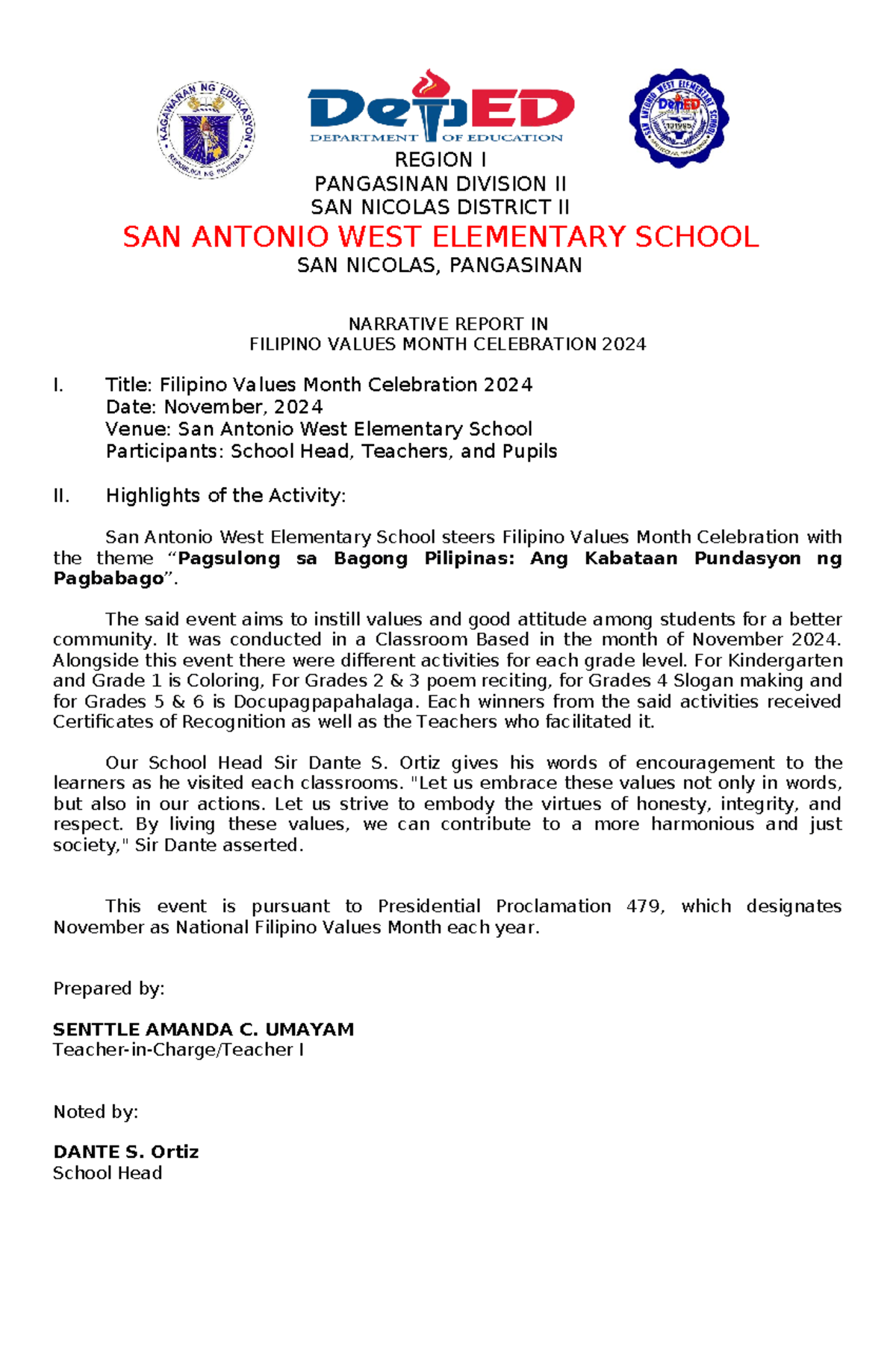 Narrative Report on Filipino Values Month Celebration 2024 - Studocu