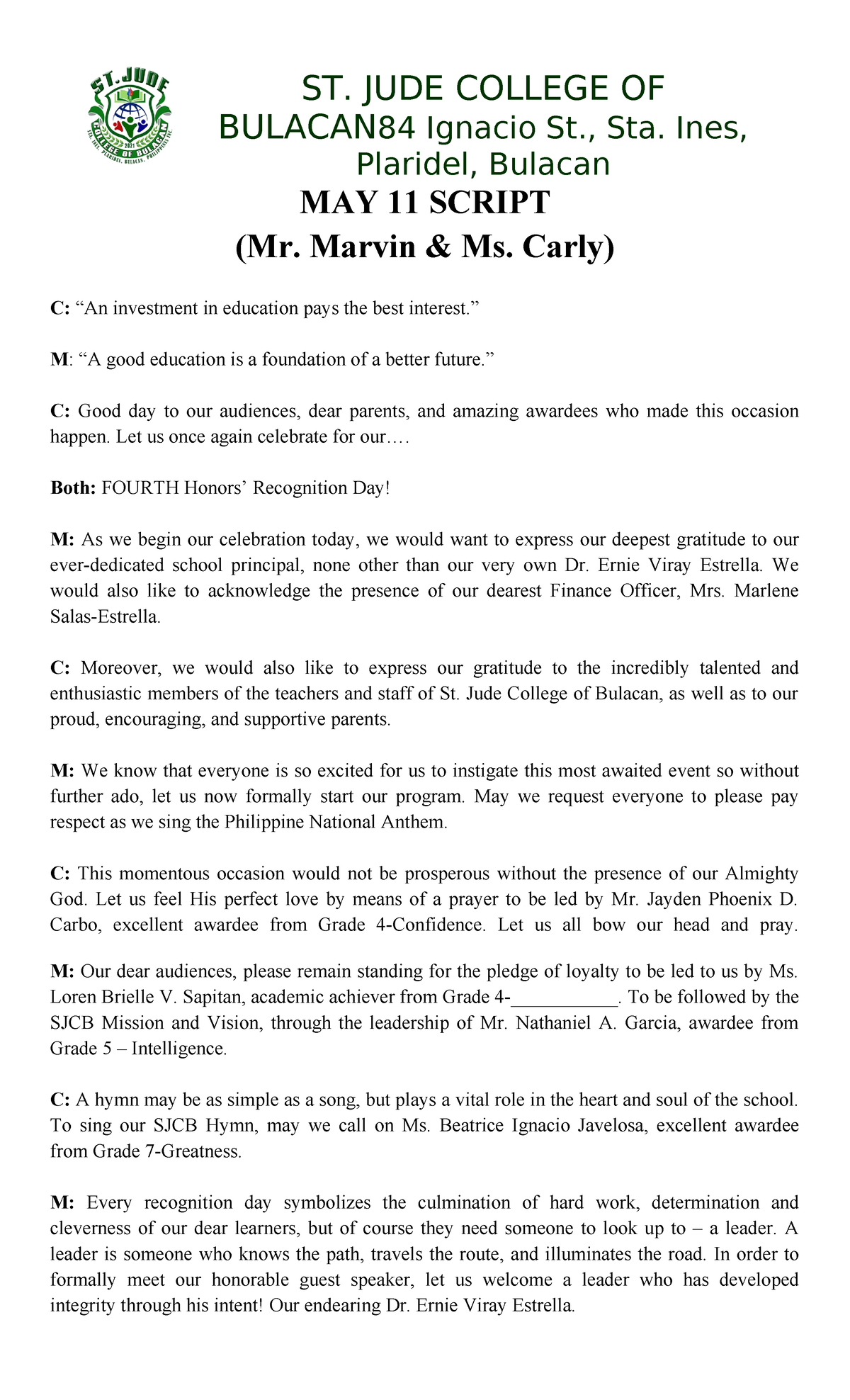 Emcee- Script - MAY 11 SCRIPT (Mr. Marvin & Ms. Carly) C: “An ...