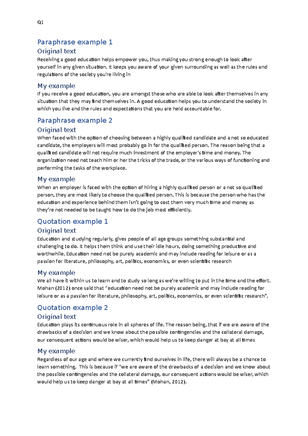Q1 - Paraphrasing and Quoting Examples on Education and Its Impact ...