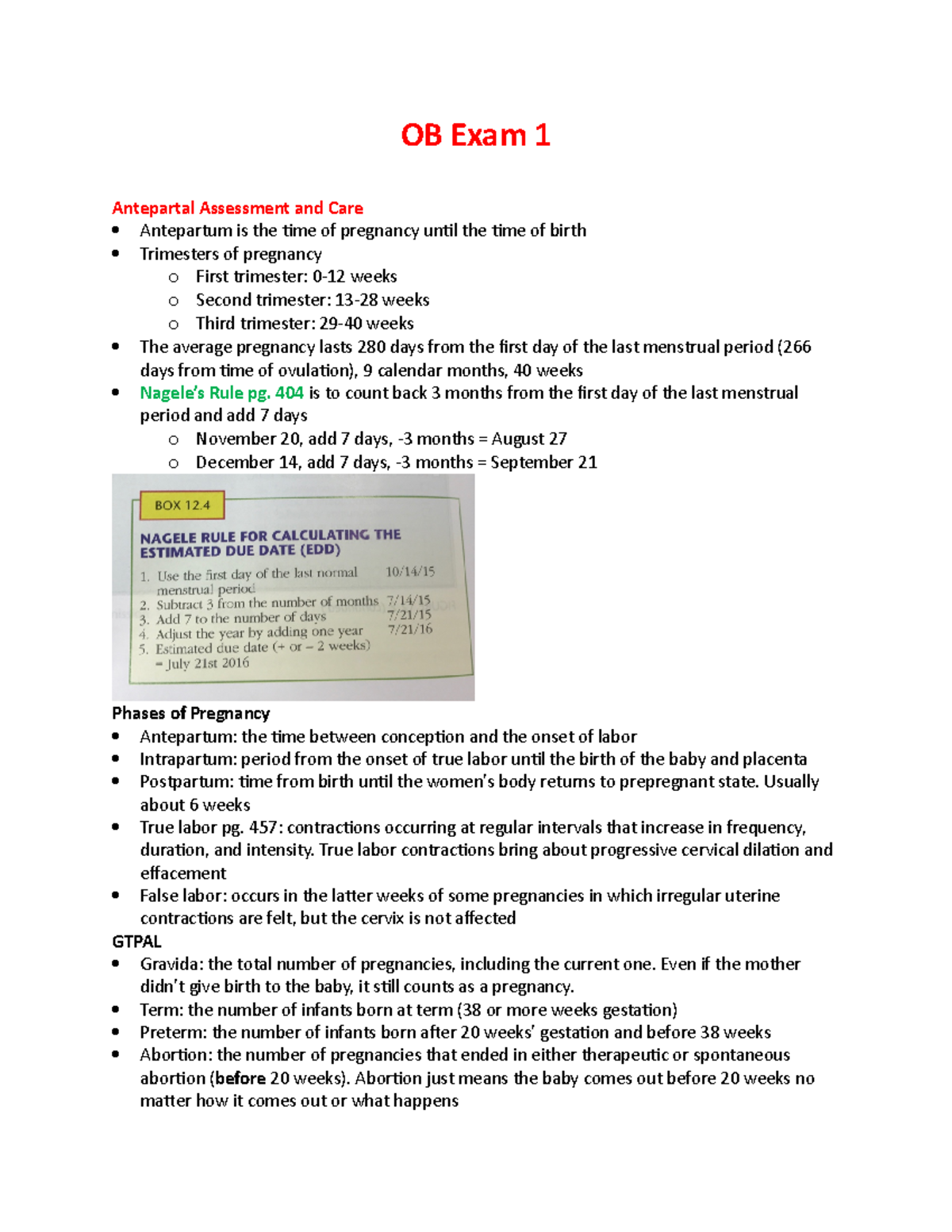OB Exam 1 - Summary Maternity and Pediatric Nursing - OB Exam 1 ...