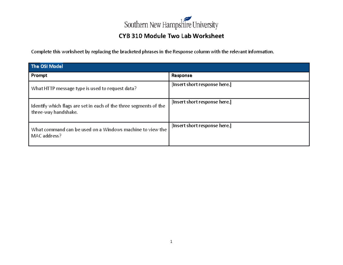 CYB 310 Module Two Lab Worksheet: OSI Model & Network Troubleshooting ...