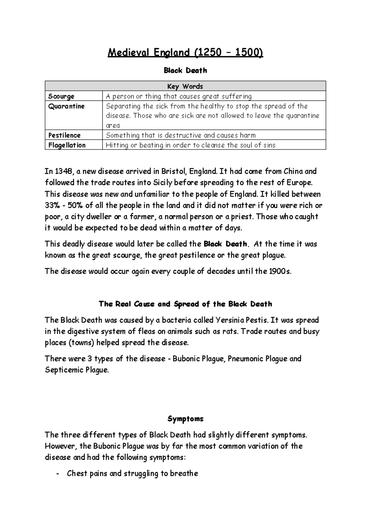 Black Death information sheet 1 - Medieval England (1250 – 1500) Black ...