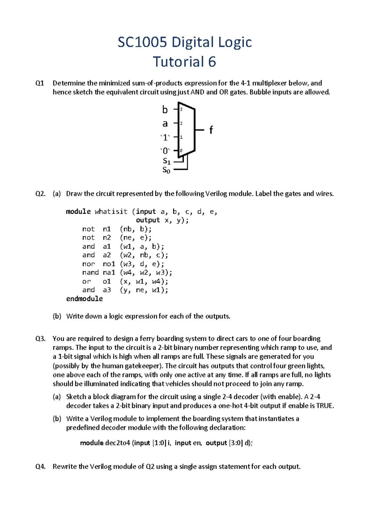 SC1005 Digital Logic Tutorial 6: Multiplexer & Boarding System Design - Studocu