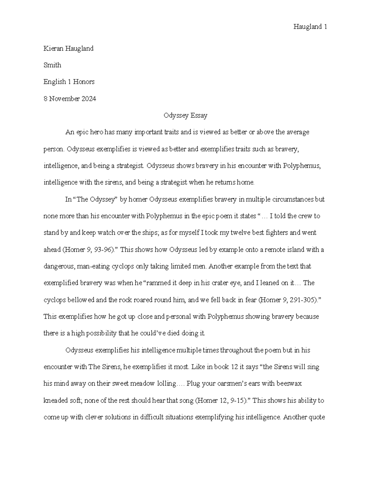 English 1 Honors: Odyssey Essay on Odysseus as an Epic Hero - Studocu