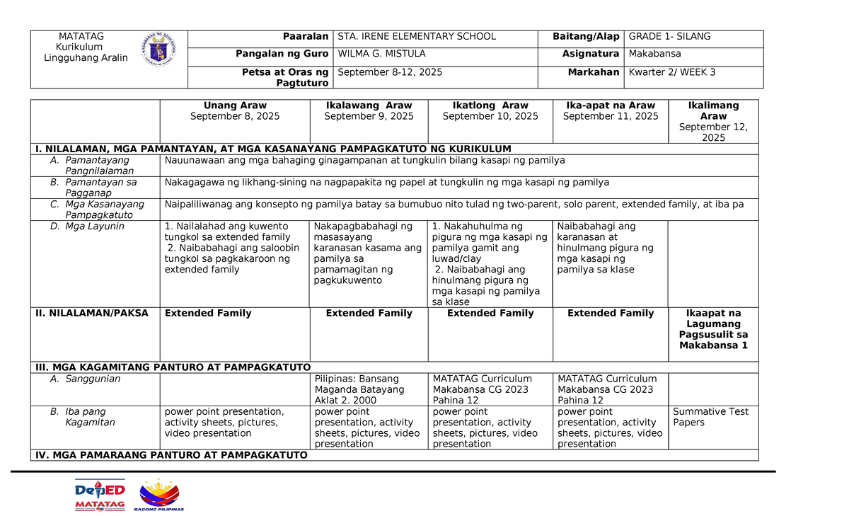 MATATAG Curriculum Makabansa: Week 3 Lesson Plan for Grade 6 - Studocu