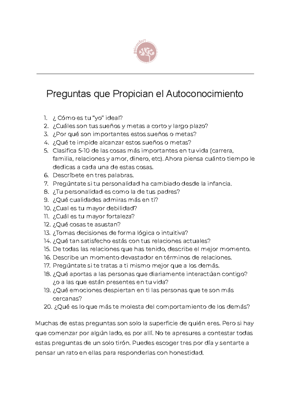 Guia Autoconocimiento - Preguntas que Propician el Autoconocimiento ...