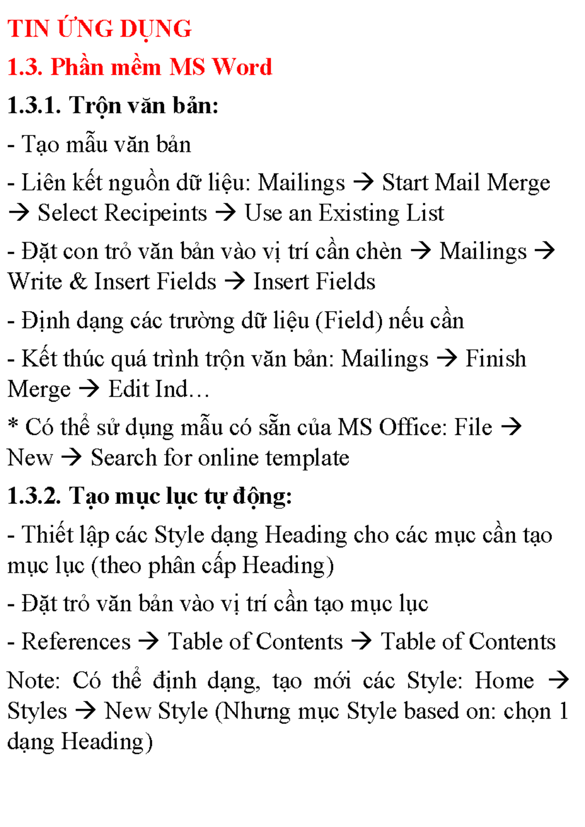 Hướng Dẫn Sử Dụng MS Word: Trộn Văn Bản & Tạo Mục Lục - Studocu