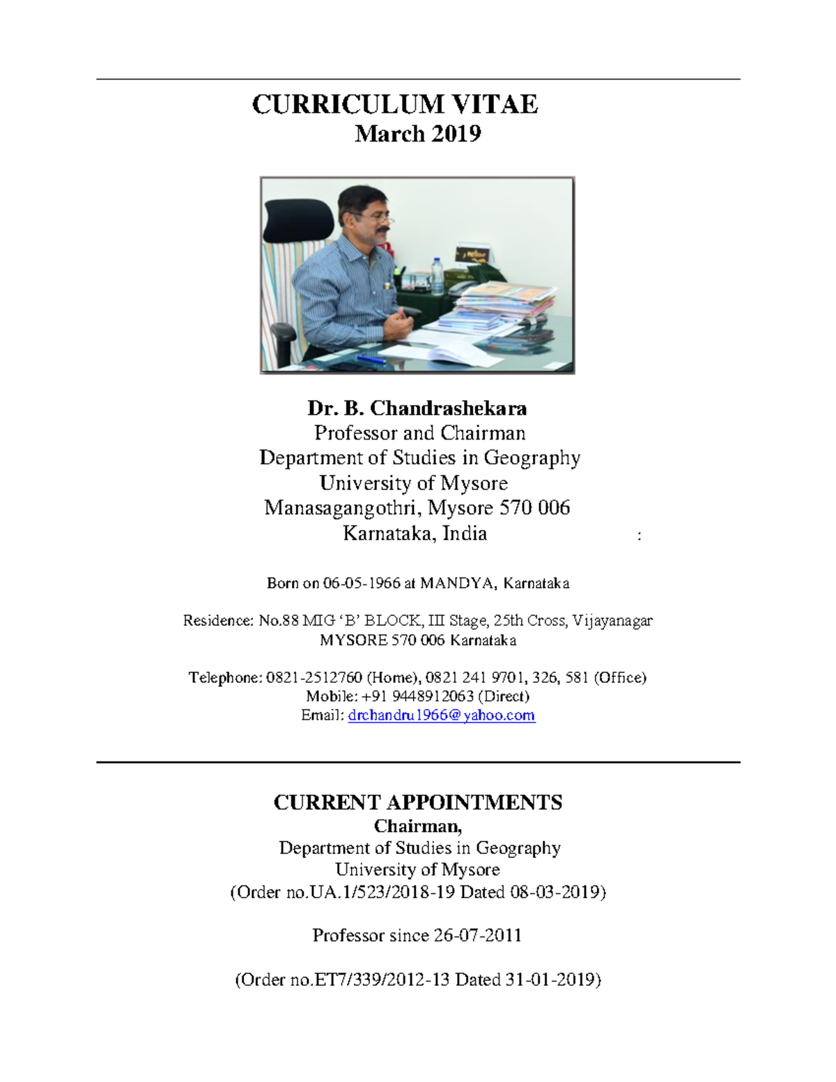 Chandrashekar b cv 20t19 - CURRICULUM VITAE March 2019 Dr. B ...