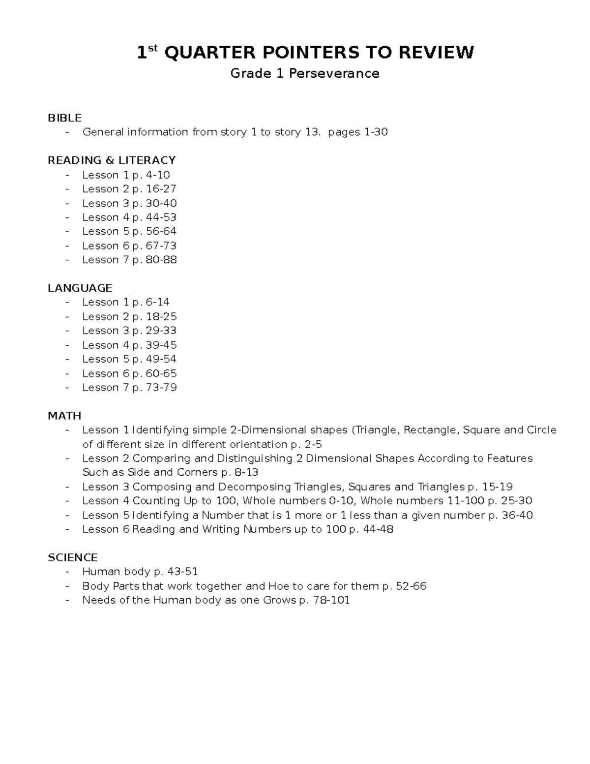 1st Quarter Review Pointers for Grade 1 BIBLE & Subjects - Studocu