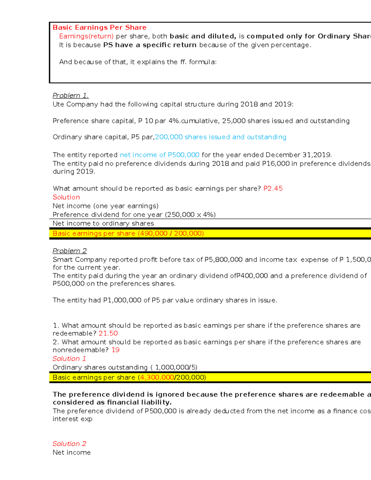 Basic Earnings Per Share Analysis: Key Problems & Solutions - Studocu