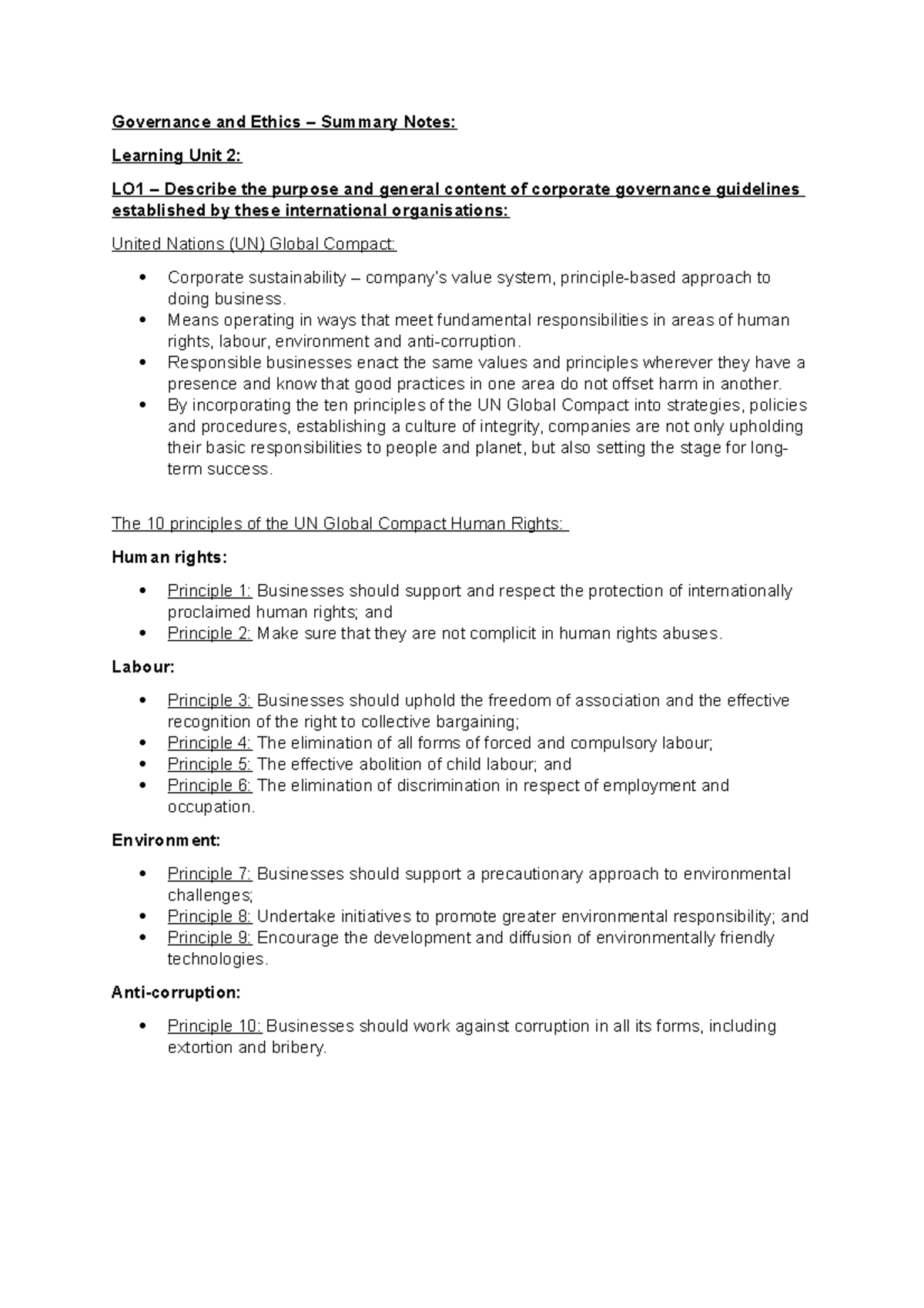 Corporate Governance and Ethics Summary Notes - Test 2 - Studocu