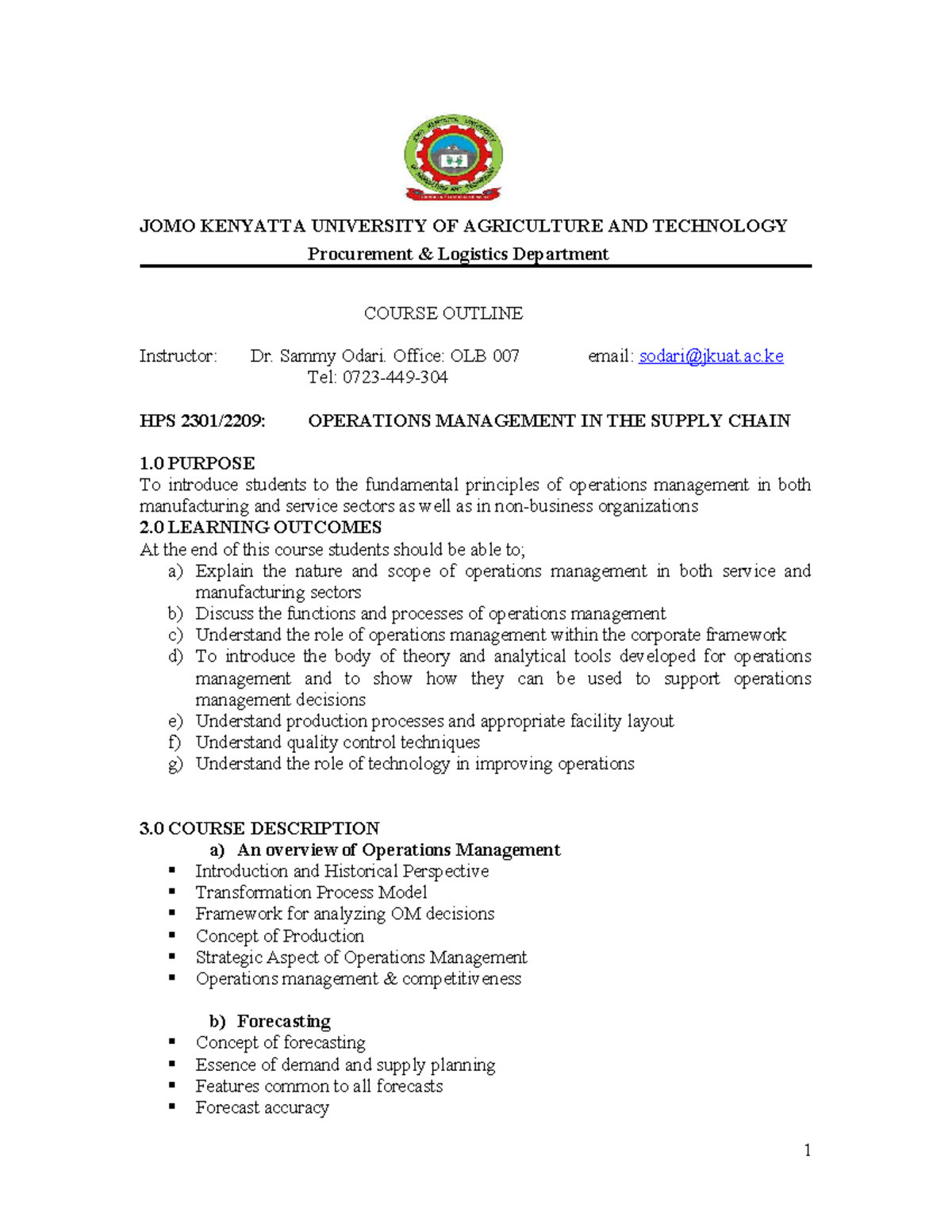 HPS 2301 Operations Management Course Outline - JKUAT - Studocu