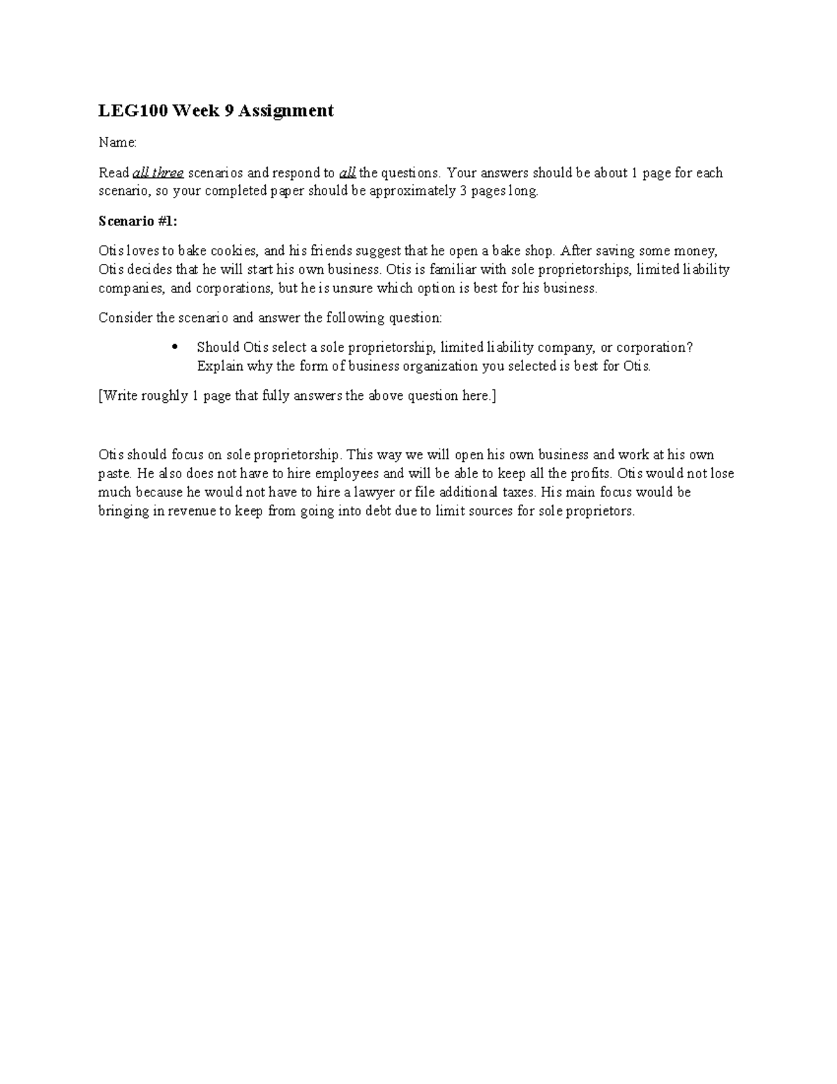 LEG100 Week 9 Assignment: Business Structure & Liability Analysis - Studocu