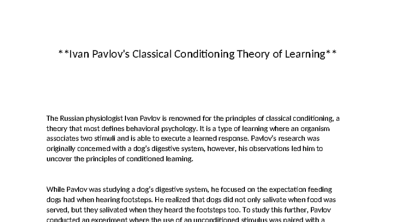 Ivan Pavlov's Classical Conditioning Theory Explained - Studocu
