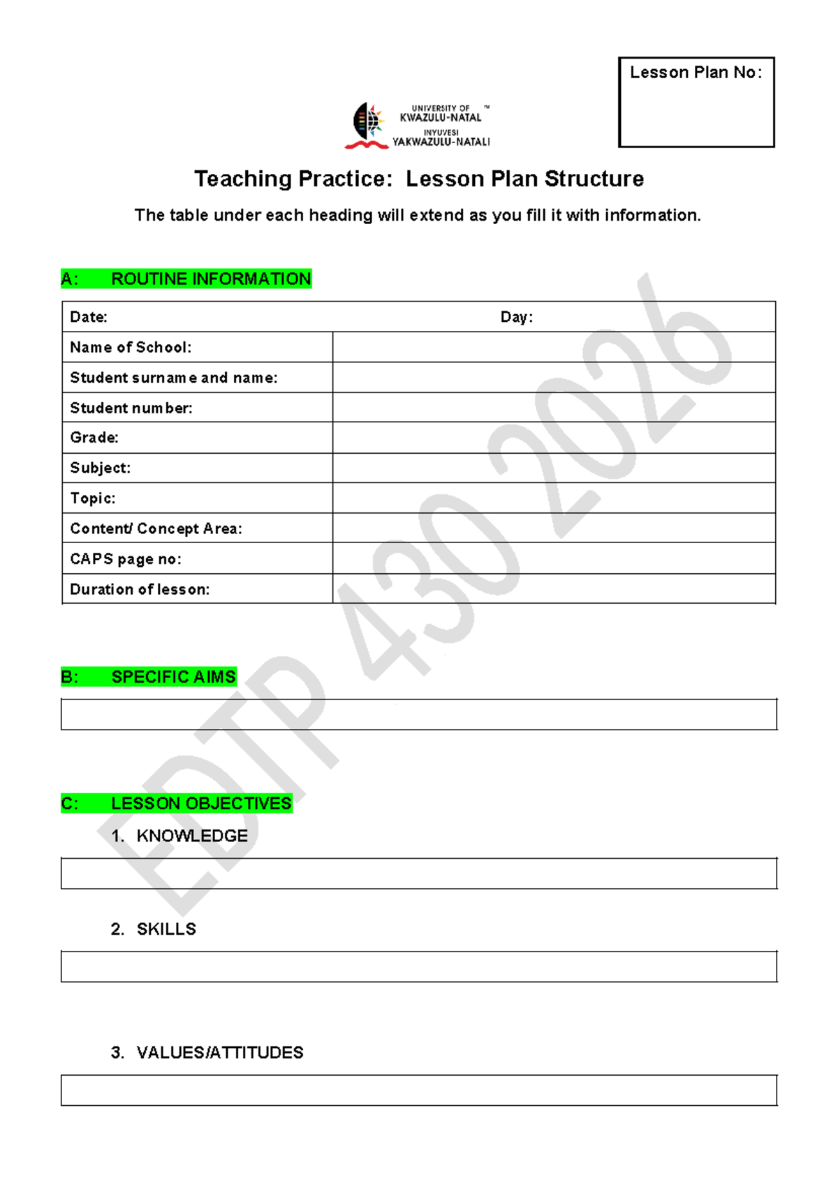 Lesson Plan Template EDTP 430: Structure & Reflection Guide - Studocu