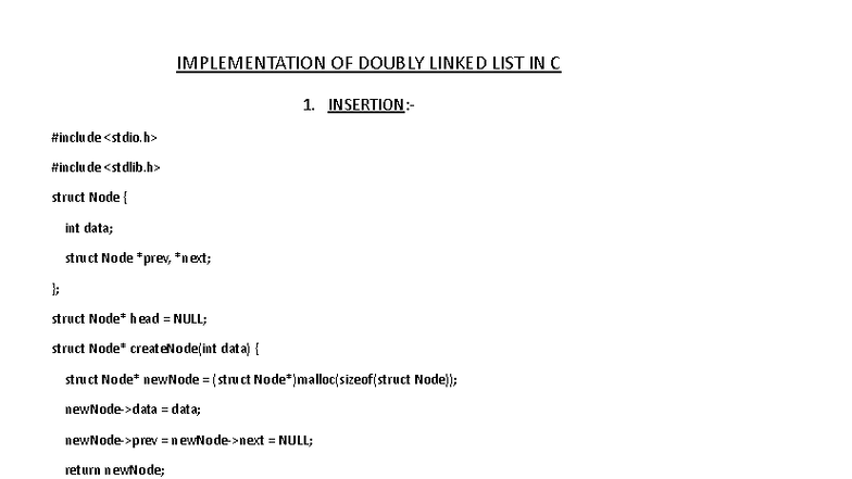 Implementation of Doubly Linked List in C - DS-1 - Studocu