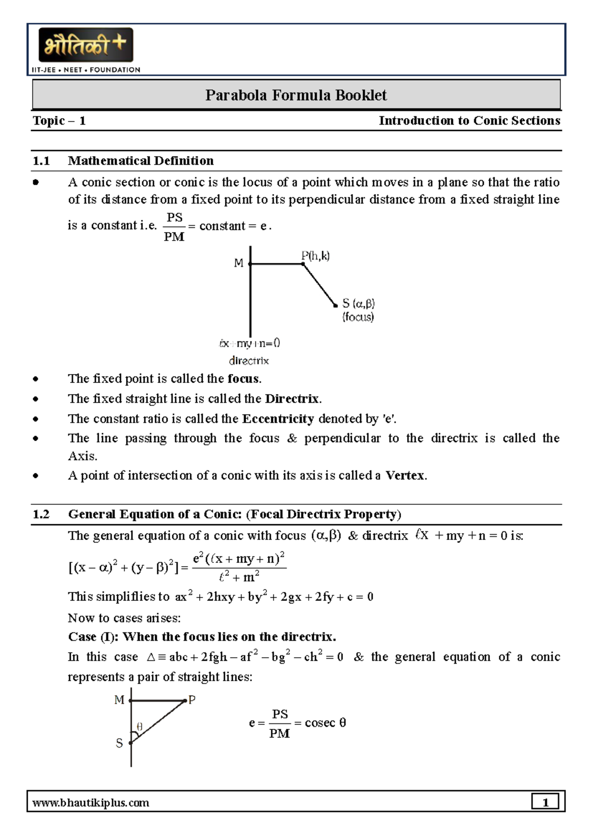 Parabola Formula Booklet: Introduction to Conic Sections and Properties ...