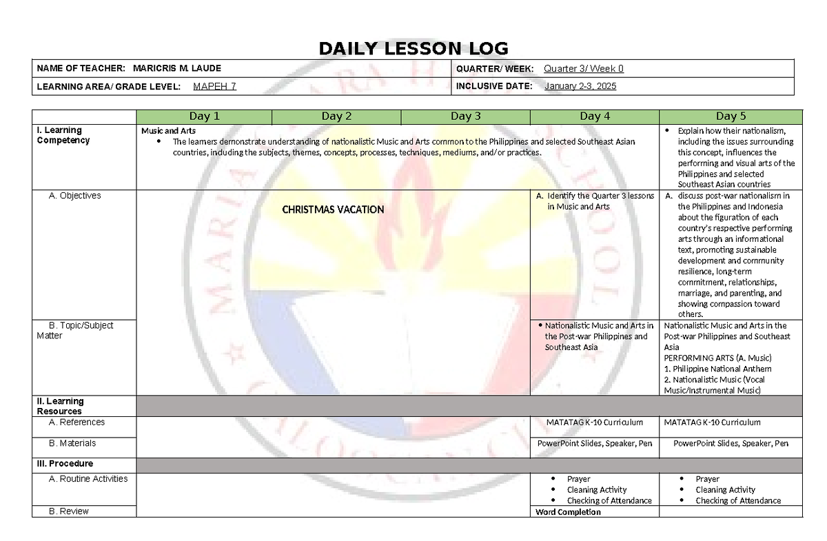 DLL Q3 W0 Mapeh-7 2024 - THis is a sample DLL for Quarter 3 - DAILY ...