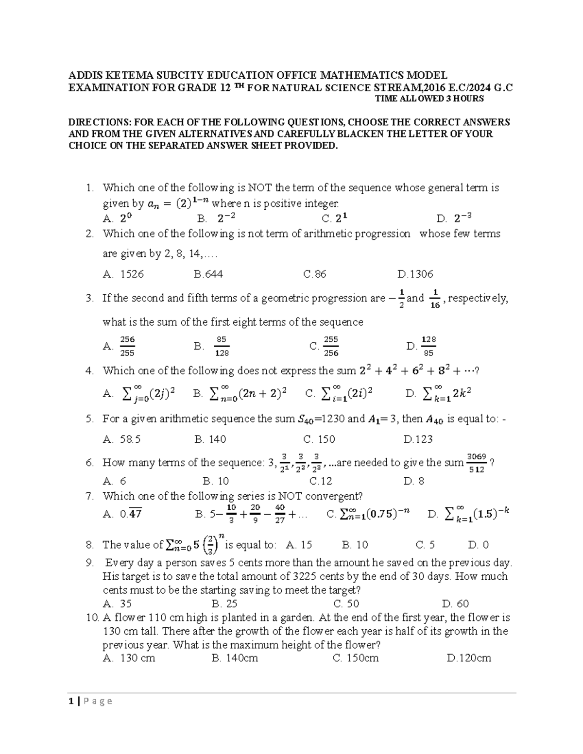 ADDIS KETEMA SUBCITY GRADE 12 MATH MODEL EXAM (NATURAL SCIENCE) - Studocu