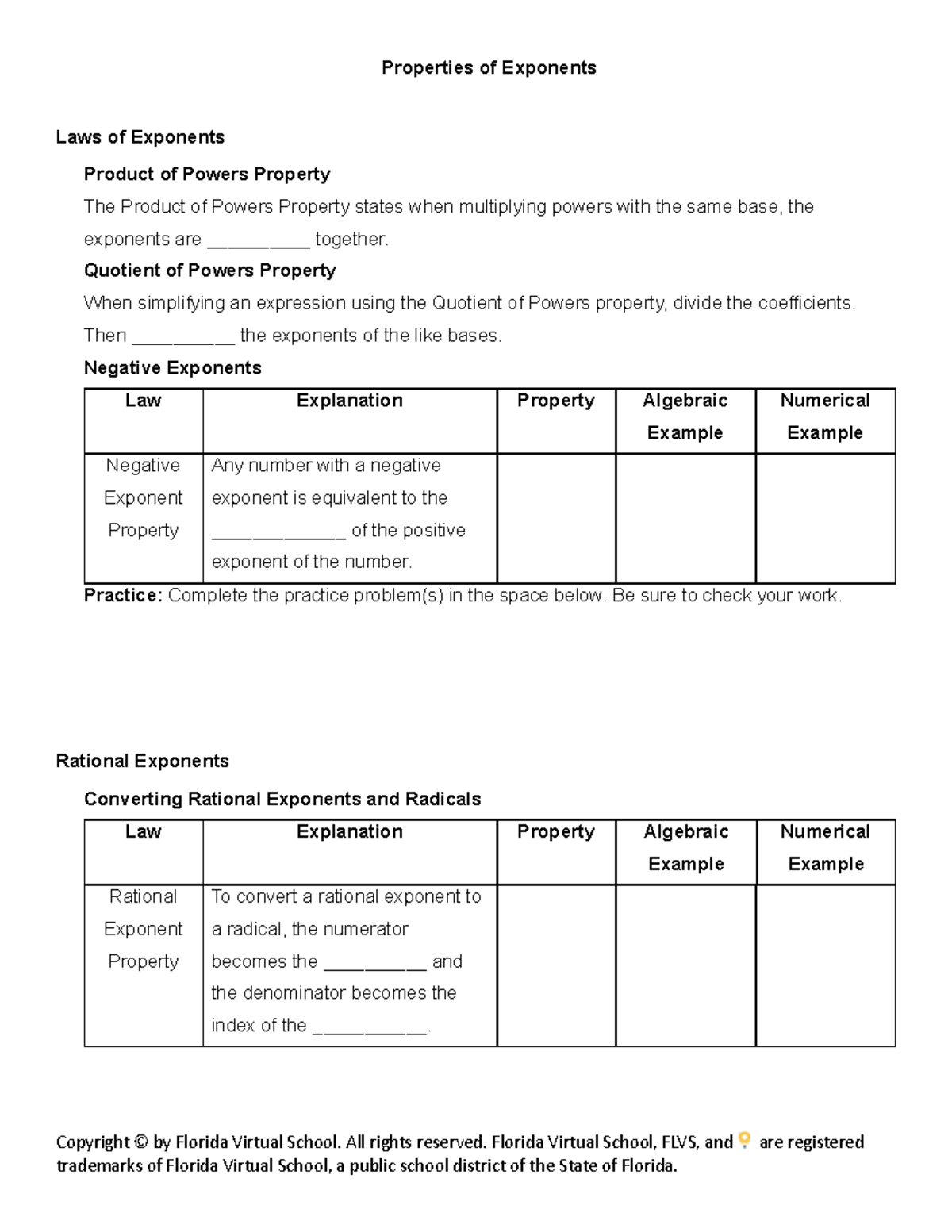 5.01 Exponents Properties & Laws: Notes for Mastery - Studocu