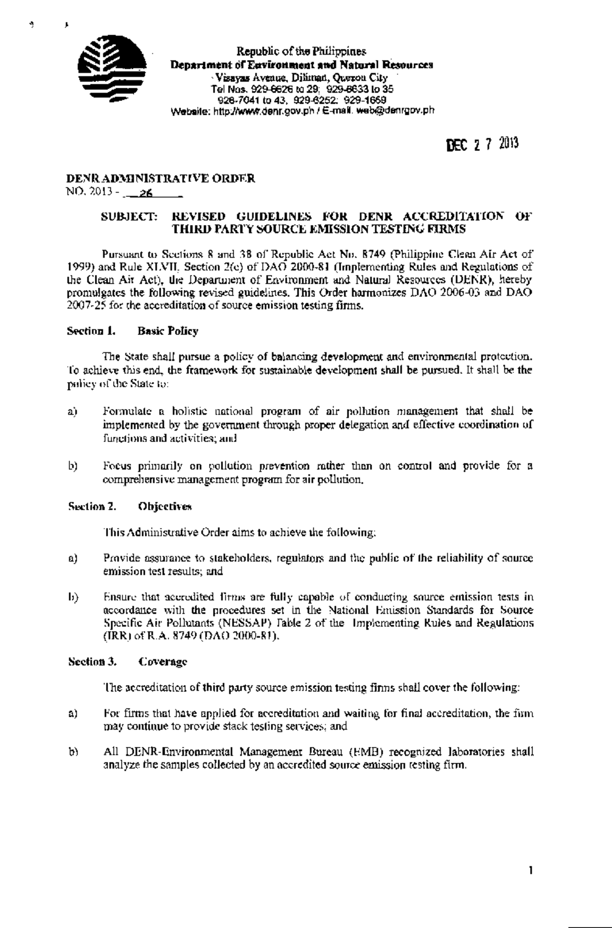 Revised Guidelines for DENR Accreditation of 3rd Party Emission Testing ...