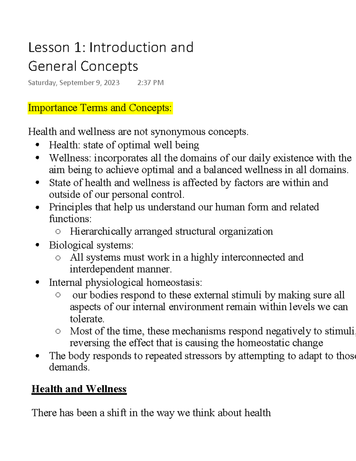 Lesson 1: Intro to Health, Wellness, and Biological Concepts - Studocu