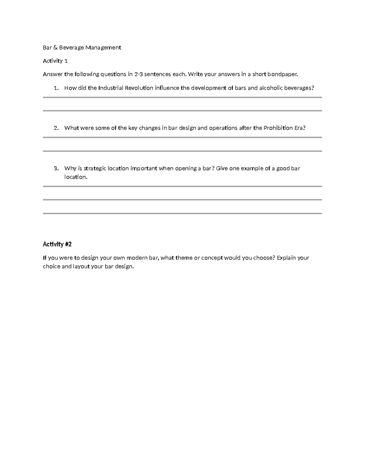 Bar and Beverage Activity 1 - Bar & Beverage Management Activity 1 ...